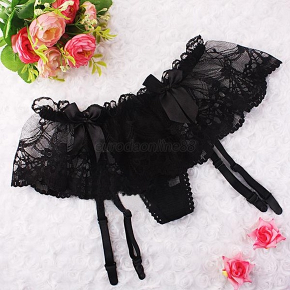Accessories | Black Floral Lace Ruffle Garter Belt Thong Panty | Poshmark